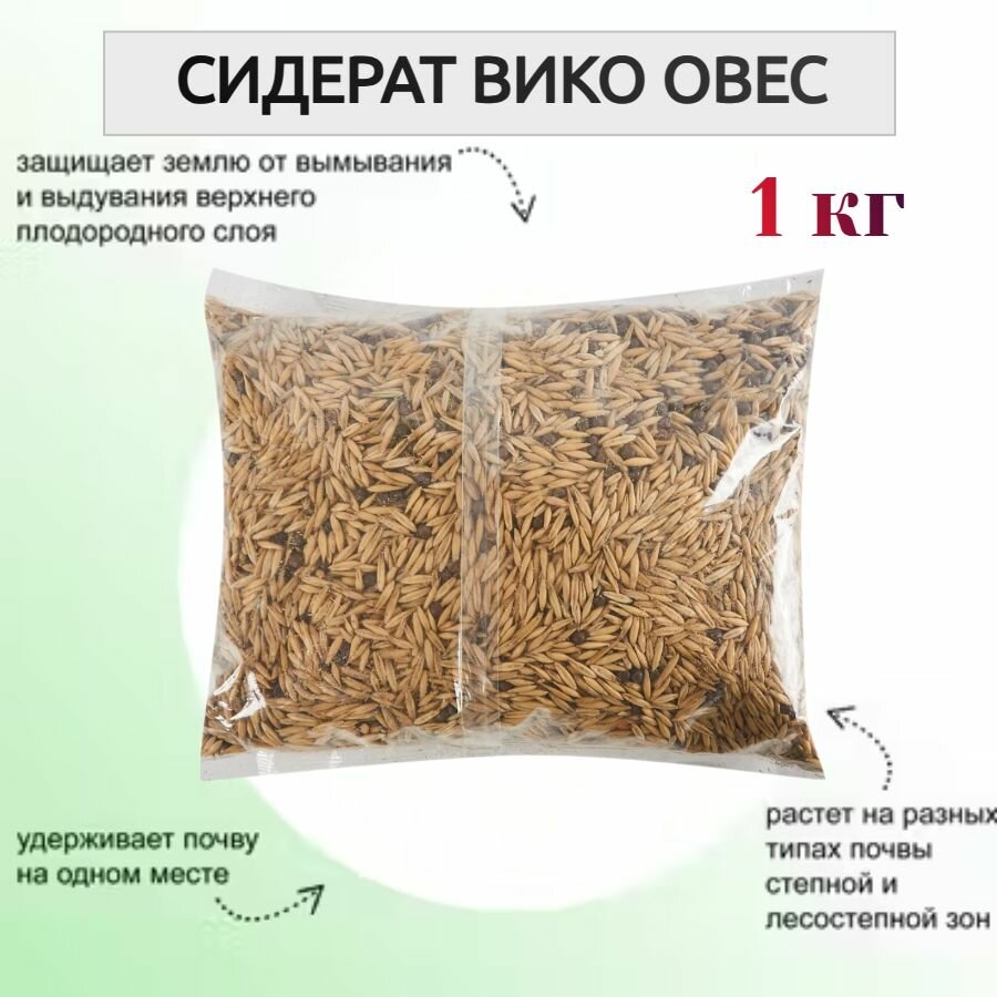 Смесь сидератов "Вика-овес", 1 кг - для восстановления и обогащения верхнего слоя почвы. Применять осенью после уборки урожая и весной до посадки всех культур.