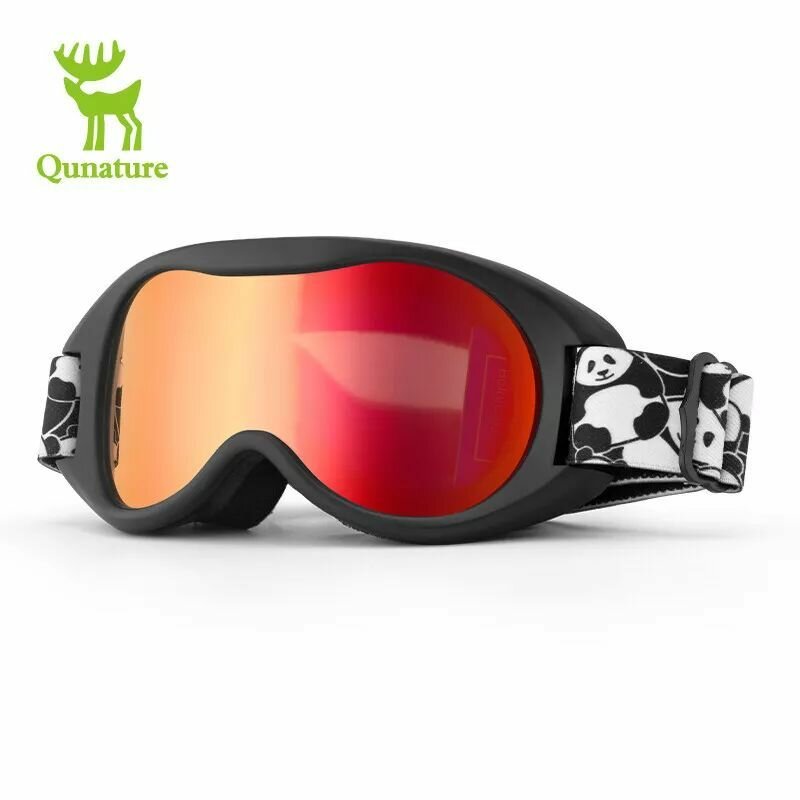 Маска горнолыжная детская Qunature красная revo линза, черная оправа, ремешок панды