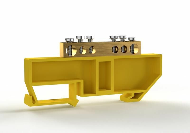 Шина PE «земля» на DIN-изоляторе 6х9мм 6 отвер. латунь TOKOV ELECTRIC TKE-BCB-69-6-DIN/PE