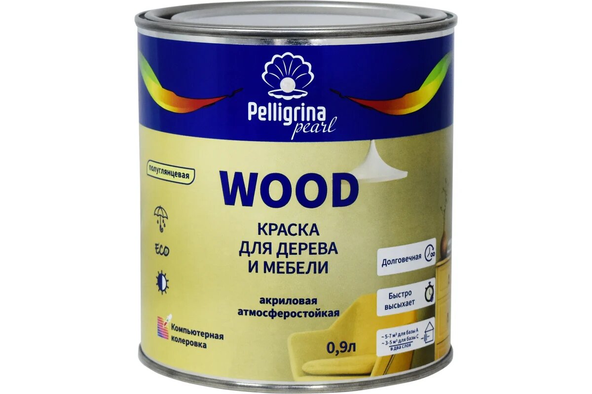PELLIGRINA PAINT Краска для дерева и мебели wood, акриловая, база a, белая, 0,9 л 256903