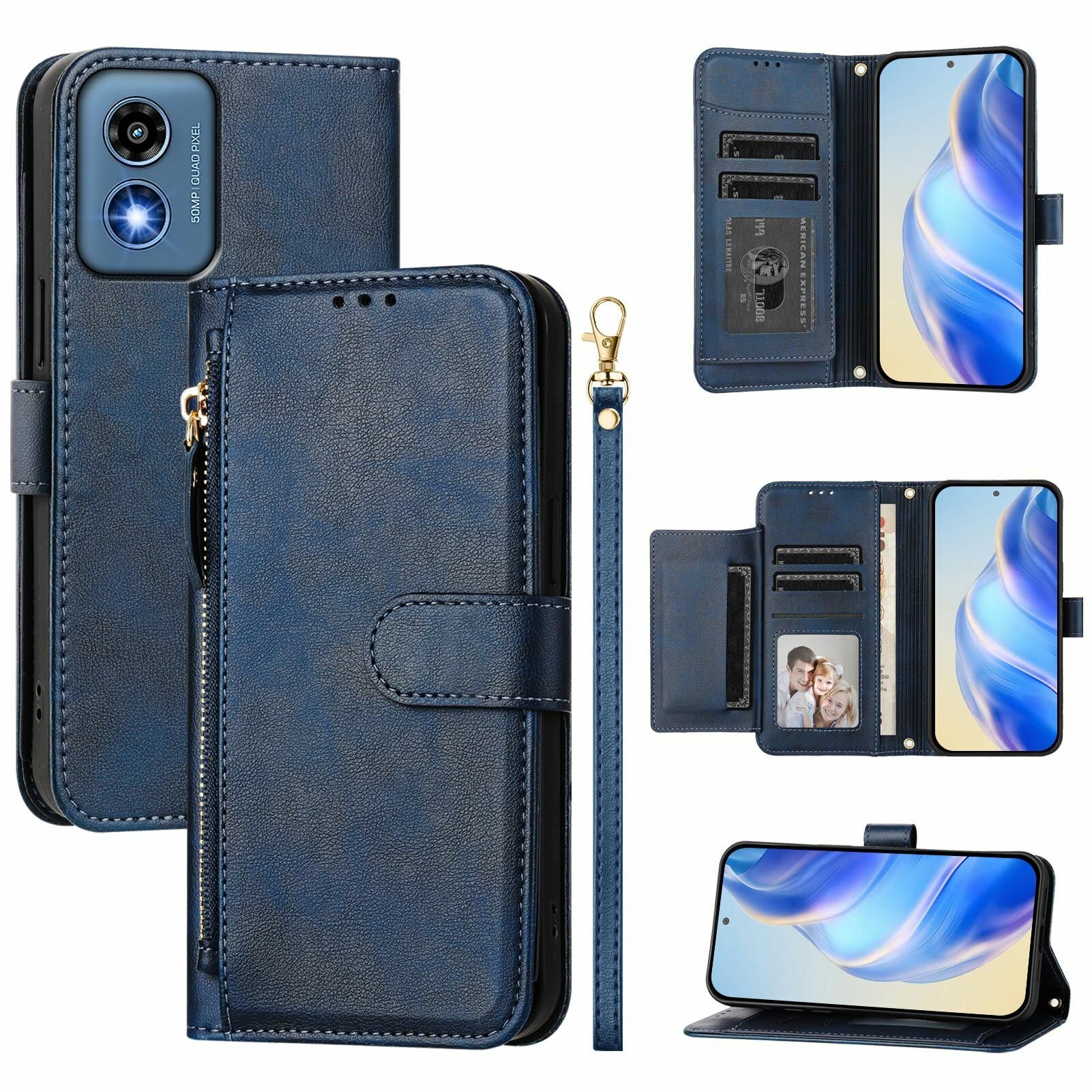 Кожаный книжка чехол в виде бумажника для Motorola MOTO G PLAY 5G 2024 /MOTO G 5G 2024(MOTO G 5G 2024) с застежкой-молнией, коротким шнуром, Складной слот для карт и отделением для кошелька