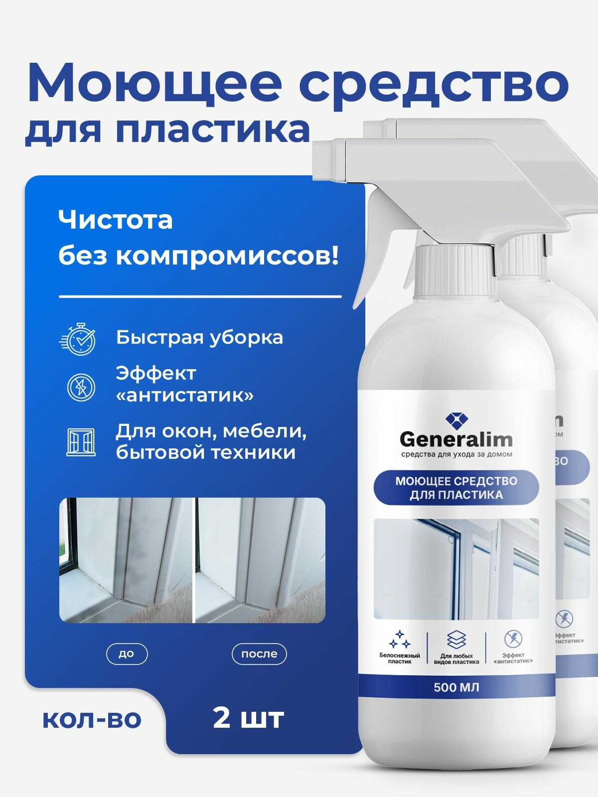 Средство для мытья пластиковых поверхностей, набор из 2 шт. по 500 мл