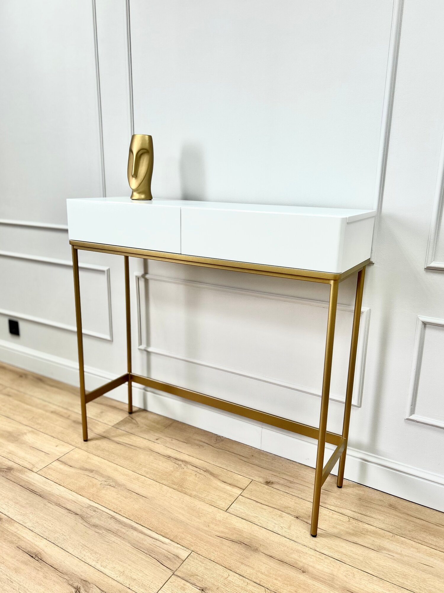 Туалетный столик консольный белый, эмаль мдф 100х32х87 см на ножках золотых, консоль в прихожую узкая с ящиками, Bianko/M