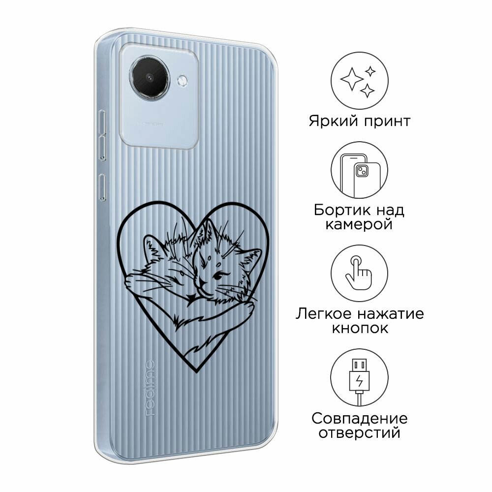 Чехол на Realme C30 / Реалми C30 с принтом "Влюблённые котики рисунок 3 - 14 февраля", прозрачный — фото 1