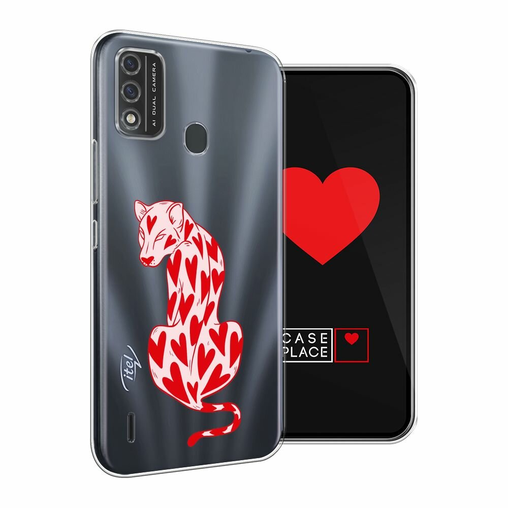 Чехол на Itel A48 / Ител А48 с принтом "Heart panther 2 - 14 февраля", прозрачный — фото 1