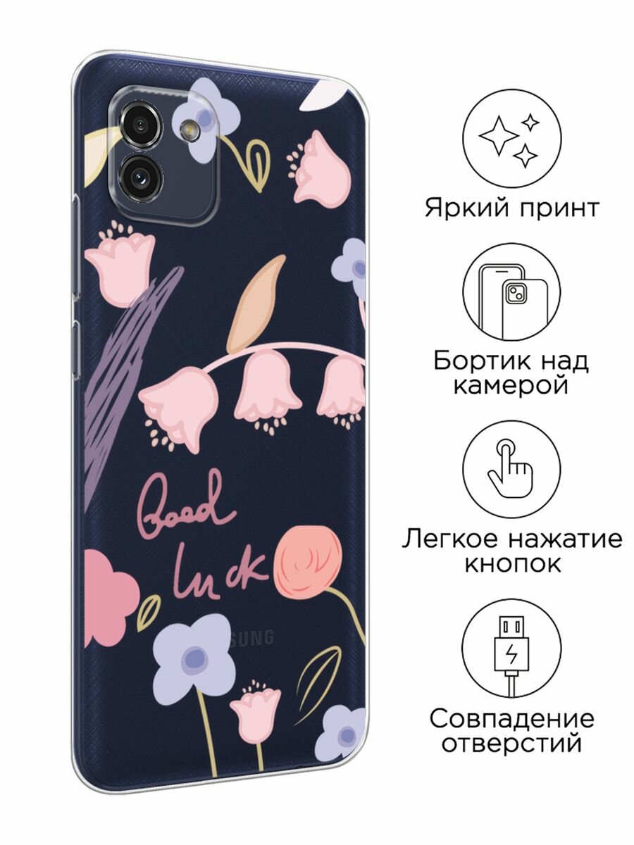 Чехол на Samsung Galaxy A03 / Самсунг Галакси А03 с принтом "Lucky flowers", прозрачный — фото 1