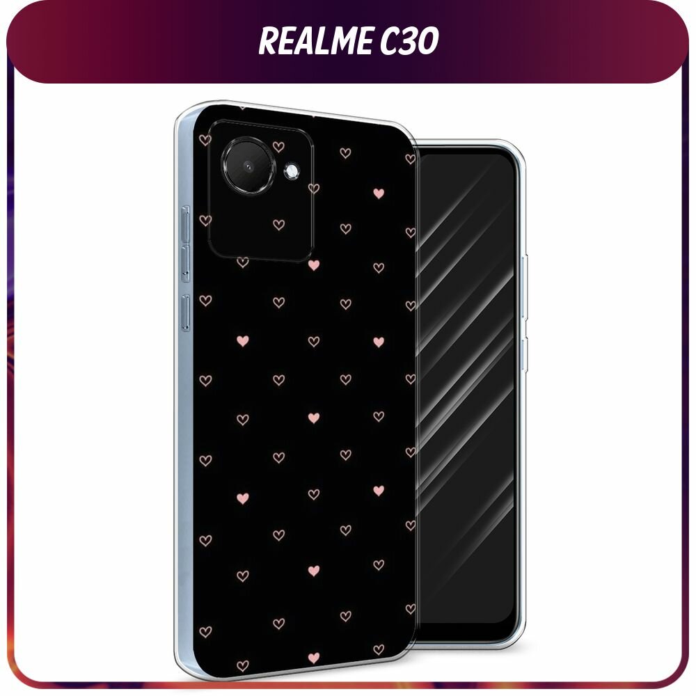 Чехол на Realme C30 / Реалми C30 с принтом "Черный фон и сердечки"