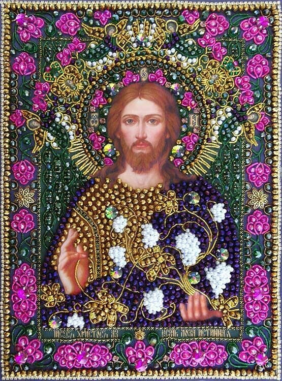 Набор для вышивания бисером, хрустальными камнями "Спас Лоза истинная" маленькая (акриловый жемчуг), 20х26,7 см, Иконы, Святые, Религия