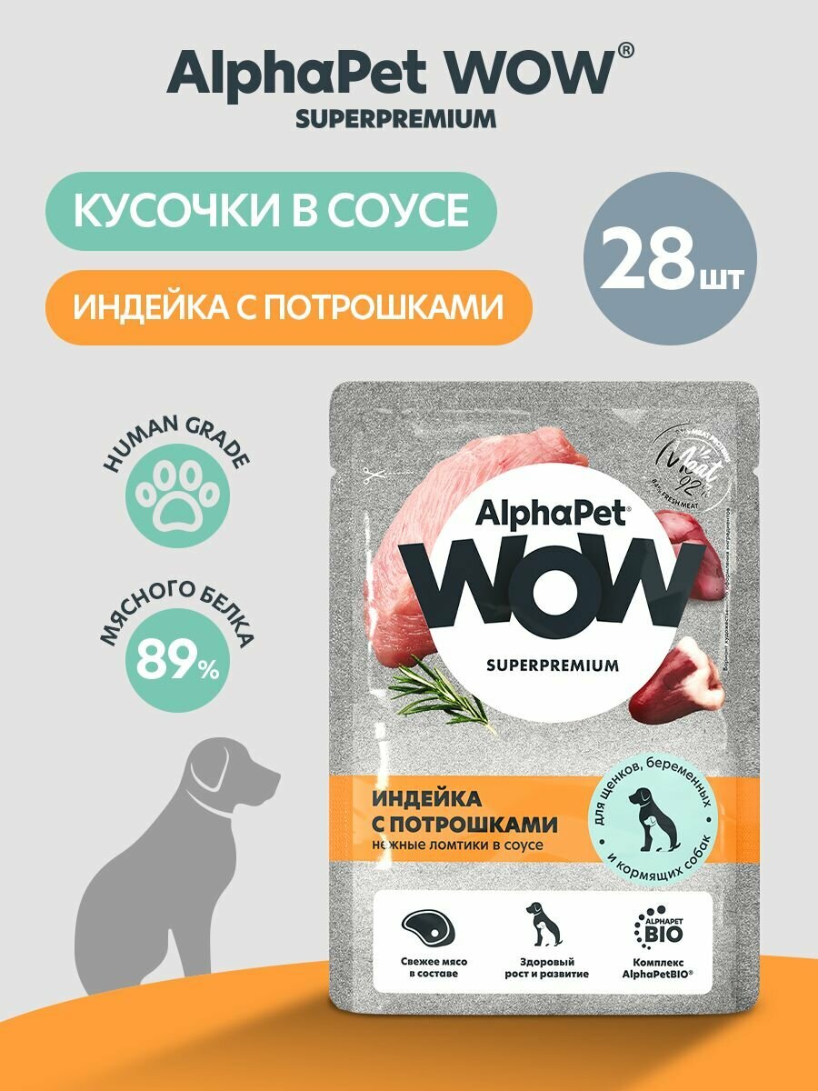 Влажный корм AlphaPet "WOW Superpremium", для щенков и взрослых собак, индейка, 85г
