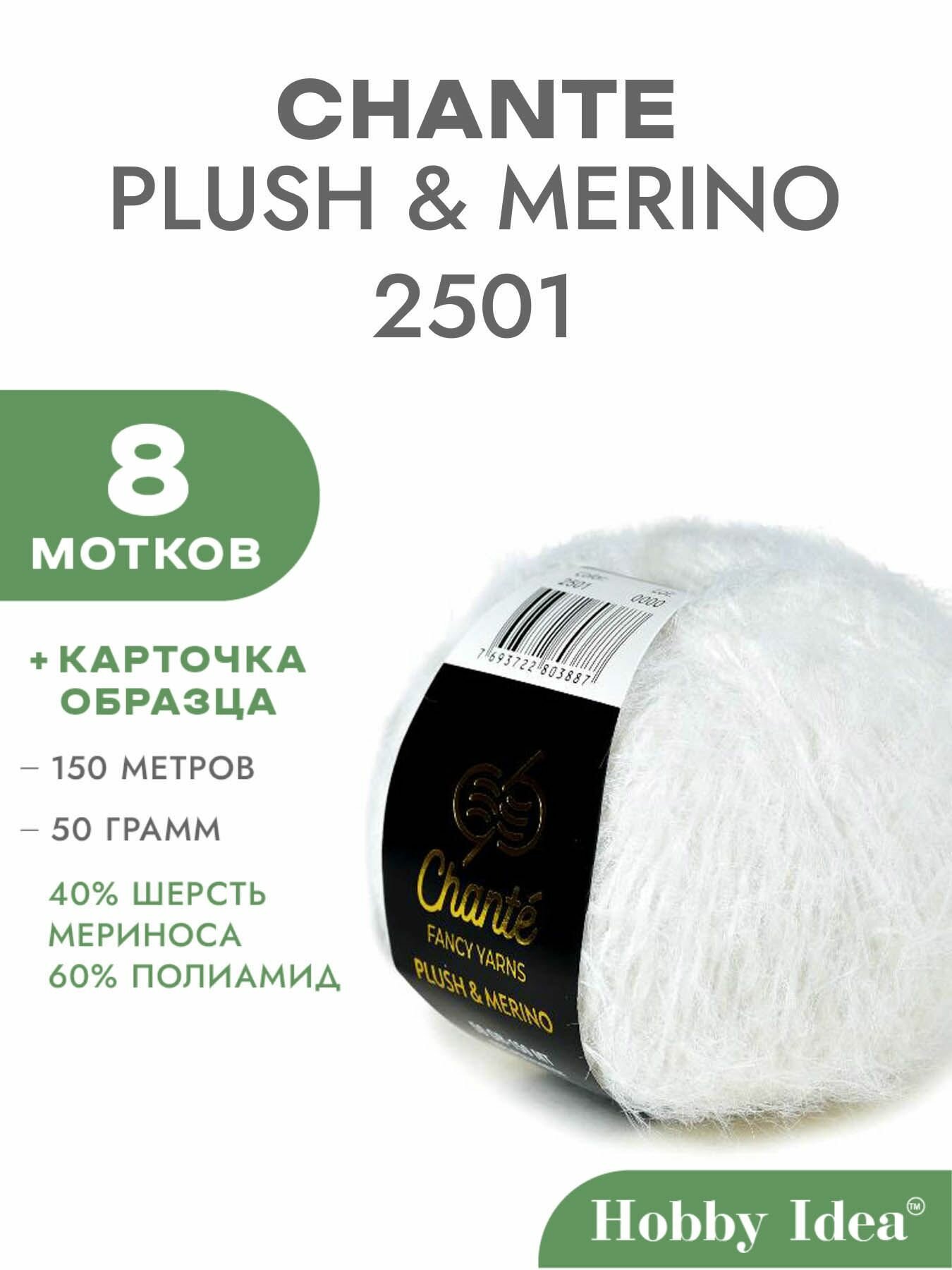 Пряжа Chante Plush & Merino 2501 Белый 8 мотков (Нитки пушистые Шантэ Плюш и Мерино)