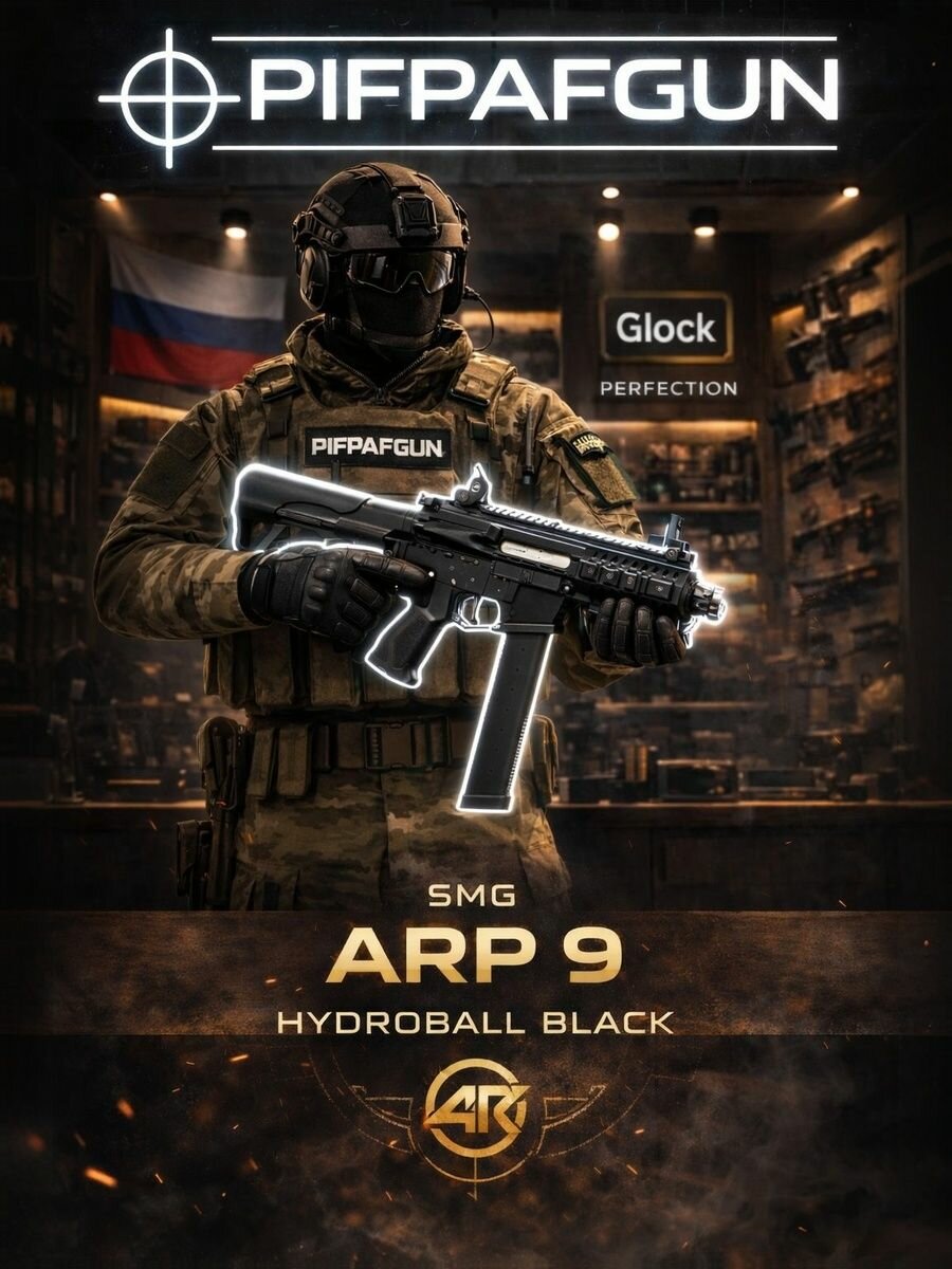 Игрушечный автомат ARP-9 гидробол BLACK 1:1, гидрогелевые шарики 78 мм, металл/нейлон, 6070 м/с, авто + полуавтоматический режим, имитация отдачи, магазин 200, LiPo 7,4 В + USB-зарядка, 11+
