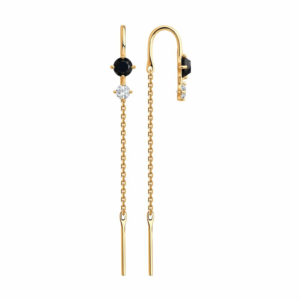 Серьги цепочки, красное золото, 585 проба, родирование, оникс