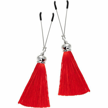 74370 Pecado Зажимы на соски «вилки» с кисточками из шелка, красный. С травмобезопасными накладками