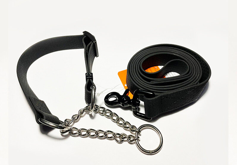 Комплект из биотана гриппи шир.25 мм черный ошейник на цепочке и поводок XL (45-70см)/3м