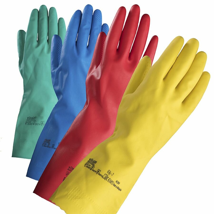 Перчатки латексные многоцелевые Multipurpose Vileda Professional, цвет: синий, красный, зеленый, желтый, размер: L (8,5-9), комплект: 4 пары, EC0045