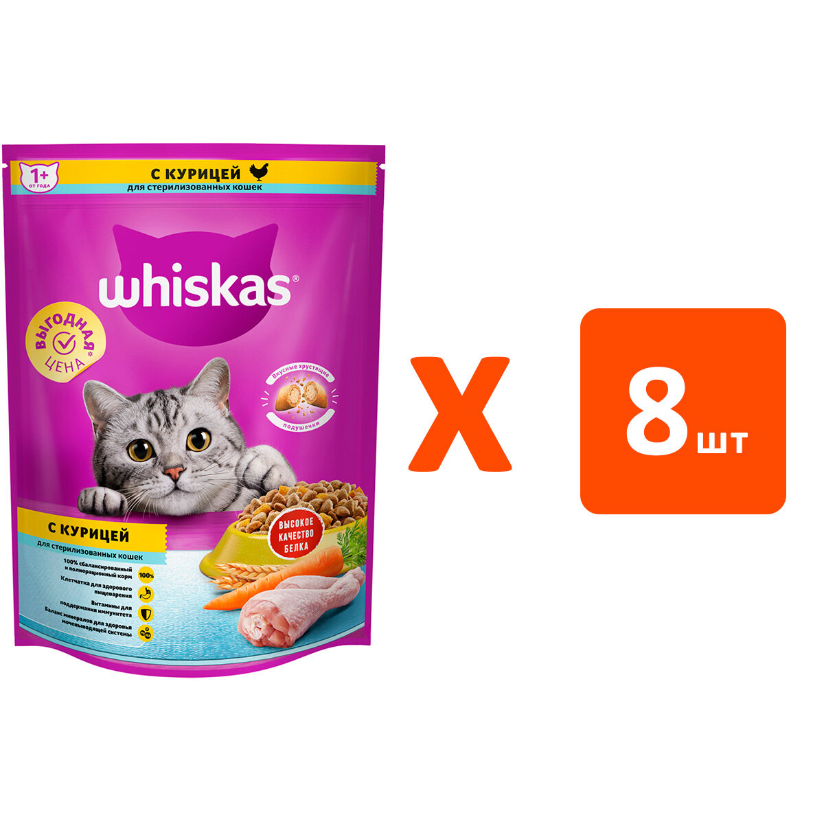 WHISKAS для взрослых кастрированных котов и стерилизованных кошек с курицей (0,8 кг х 8 шт)