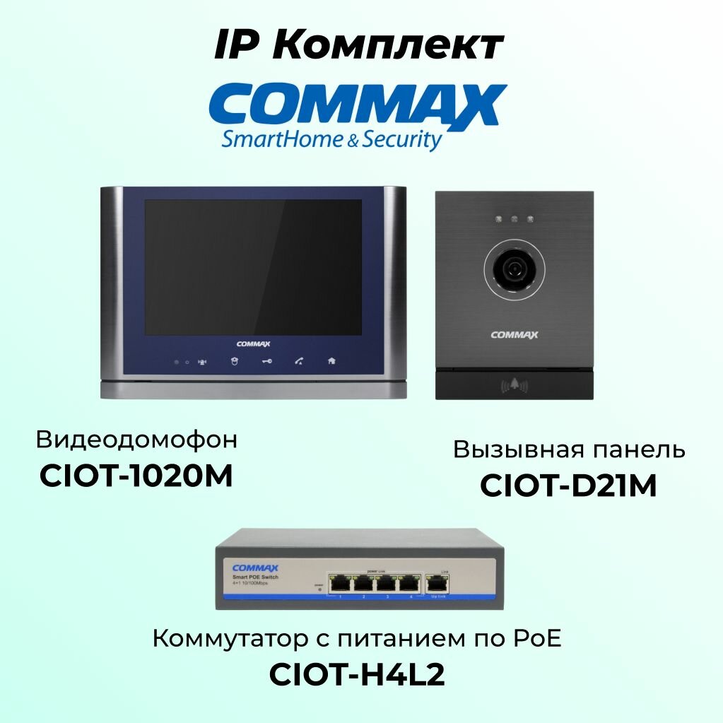 IP Комплект видеодомофона, вызывной панели и коммутатора COMMAX CIOT-1020MSilver+Blue/D21M/H4L2