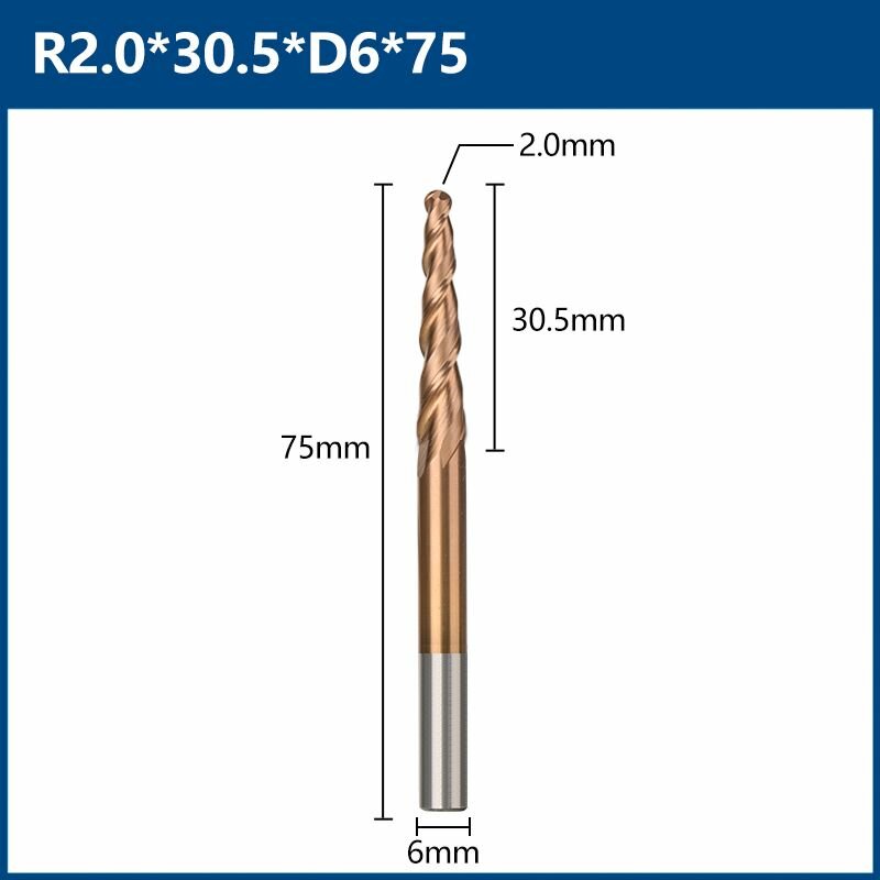 Фреза спиральная XCAN двухзаходная конусная сферическая, R2х30.5хD6х75мм, с покрытием TiAlN