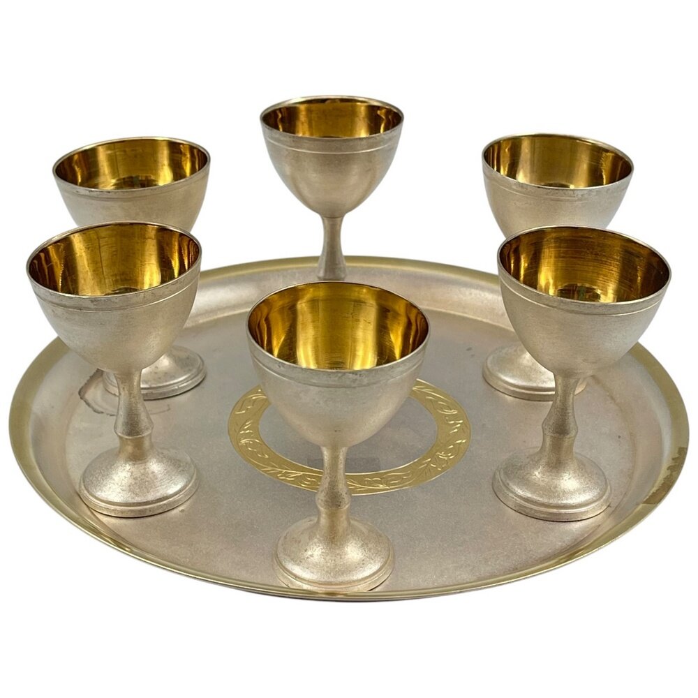 Набор для крепких напитков, поднос и 6 рюмок 25 мл, мельхиор, позолота, 1968 г, 8ЮММЕТ, СССР