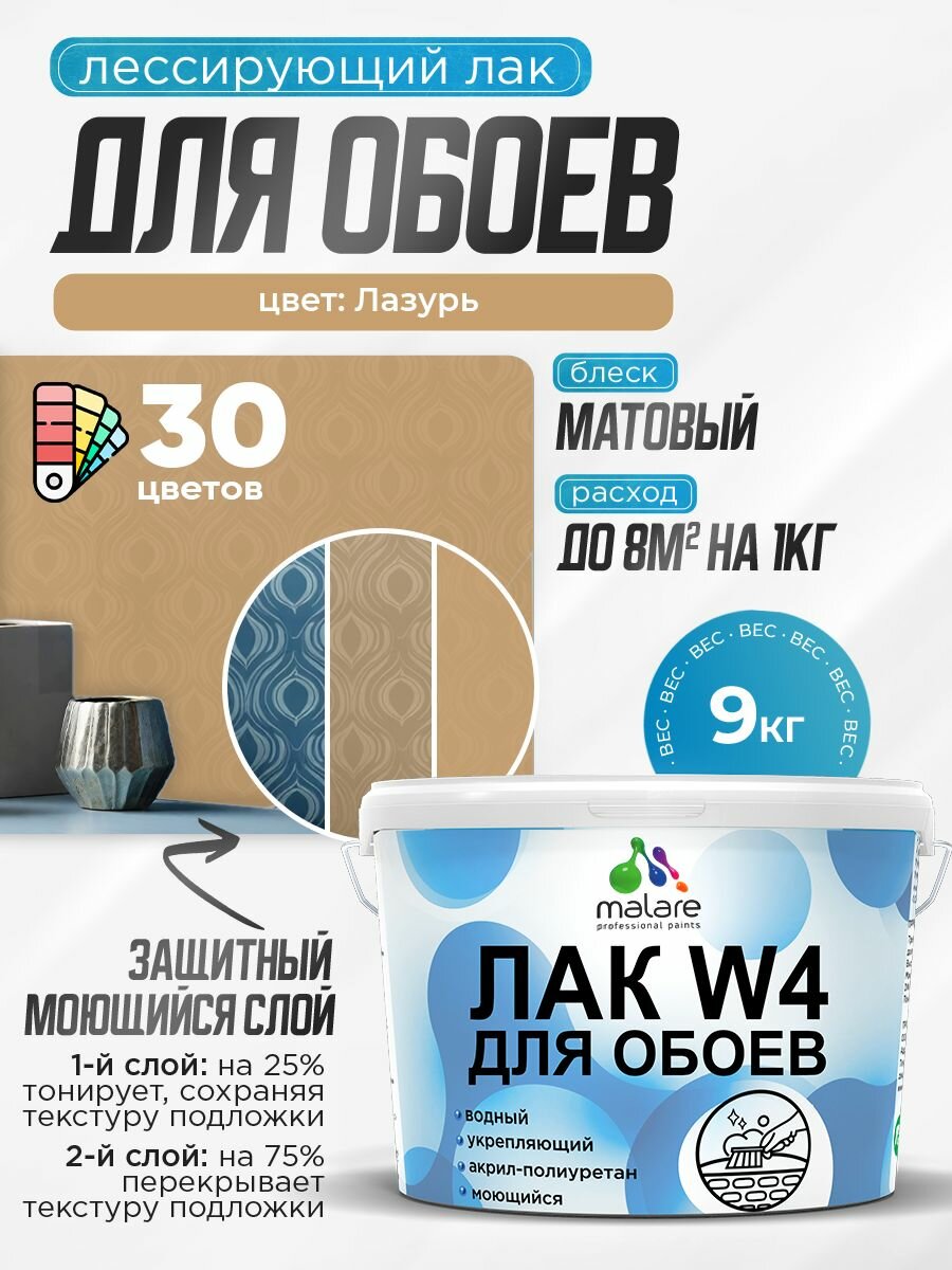 Лак колерованный тонирующий для защиты обоев Malare W4 универсальный для дерева и минеральных поверхностей, водный без запаха быстросохнущий, матовый, лазурь, 9 кг.