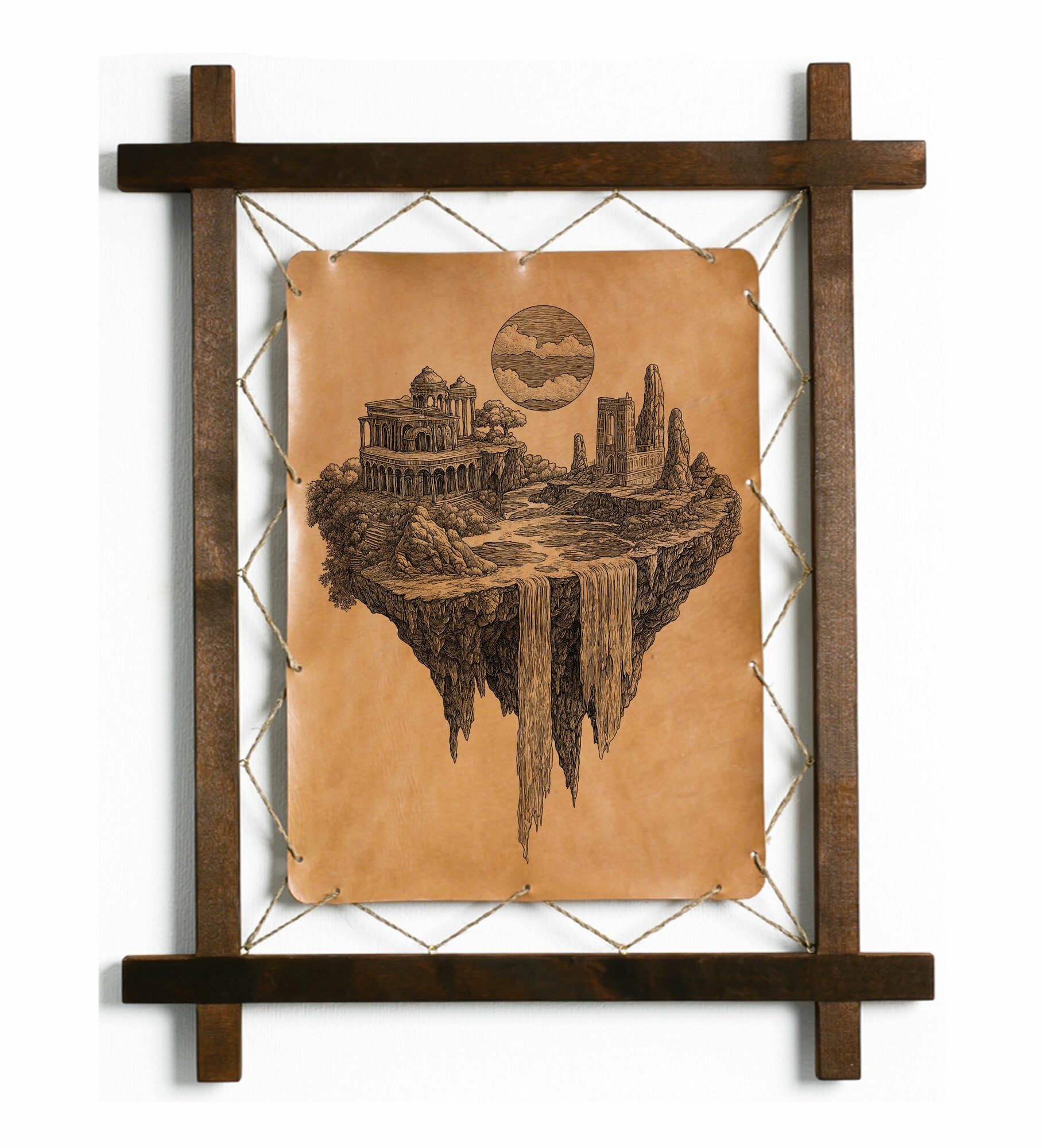 Интерьерная картина из натуральной кожи "Парящий остров с водопадом", декоративное настенное панно в деревянной раме, BoomGift