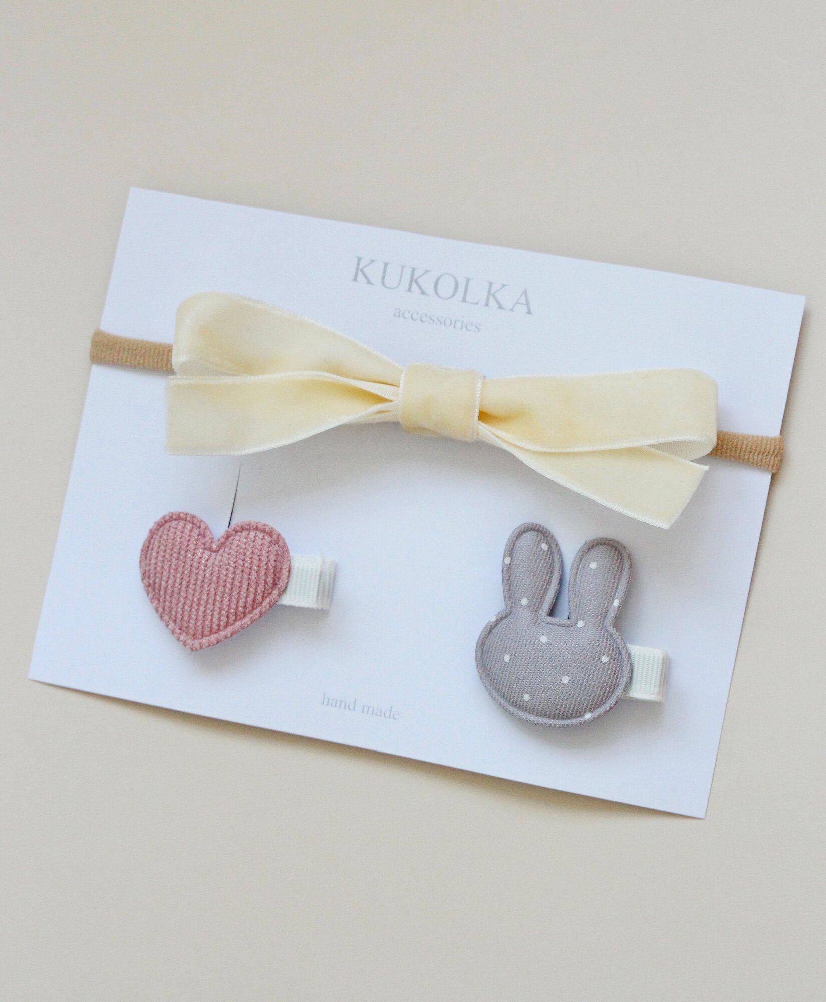 Повязка на голову для малышей, заколки детские. Набор аксессуаров для малышей ручной работы от "KUKOLKA accessories", кремовый, розовый, серый,3 шт.