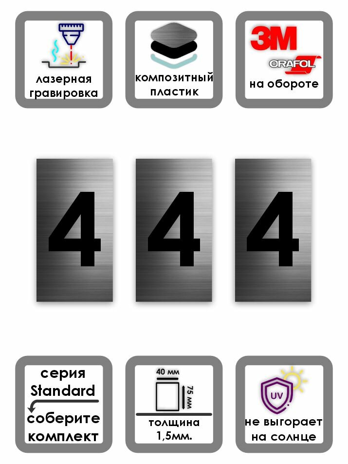 Цифры на дверь квартиры или офис самоклеящиеся Standard Серебро, набор 4