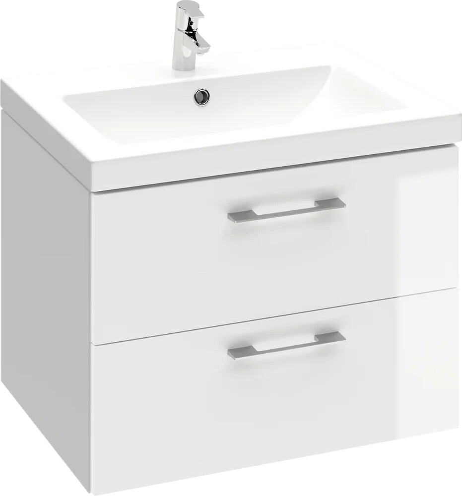 Тумба с раковиной Cersanit Лара (Lara) подвесная, 60 см, белая, глянцевая, из МДФ, с ящиками, раковина для ванной, фарфоровая, прямоугольная, встроенный слив-перелив