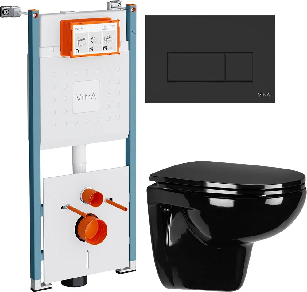 Комплект 3 в 1 Унитаз подвесной Wanfald Lauta 47374100005 / Инсталляция VitrA V-Fix Core 732-5800-01PV / Кнопка Root Square 740-2311 цвет матовый черный