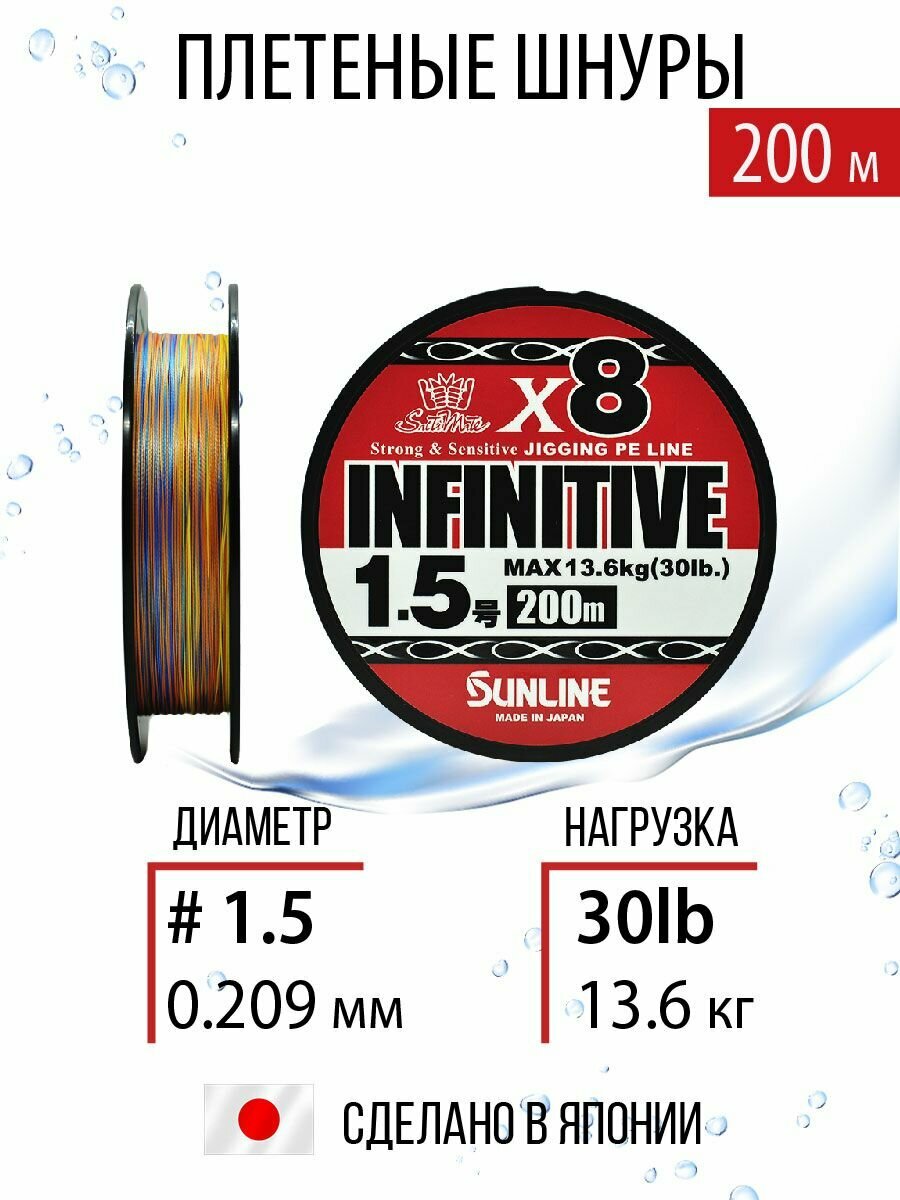 Плетёный шнур для рыбалки Sunline INFINITIVE x8 #1.5/30lb 200m Multi Color леска рыболовная