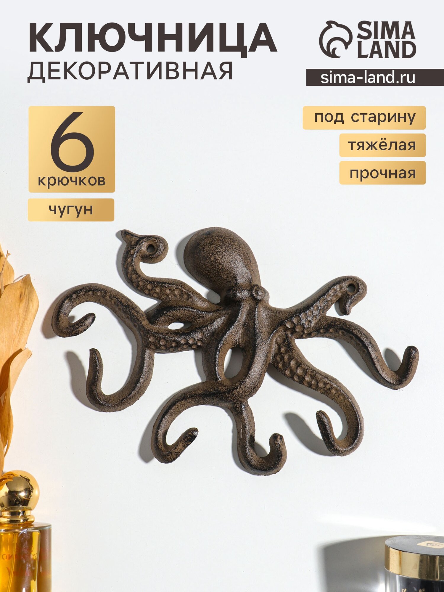 Крючки настенные «Осьминог», ключница декоративная, чугун, 24.8×18.4×2.6 см