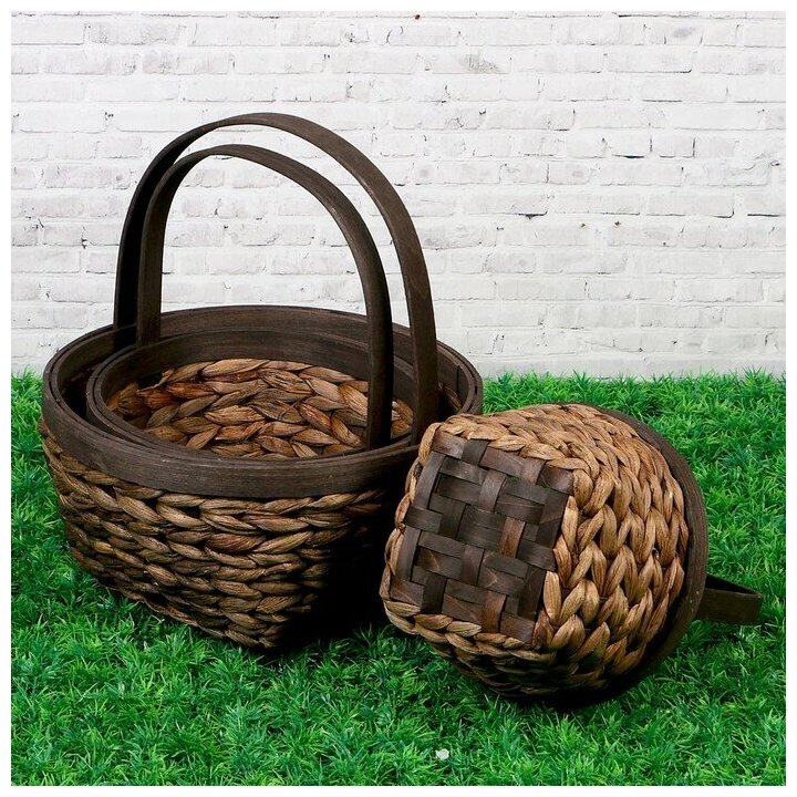 Корзина плетёная для хранения Knip, шпон, с ручкой, тёмно-коричневая, набор 3 шт.