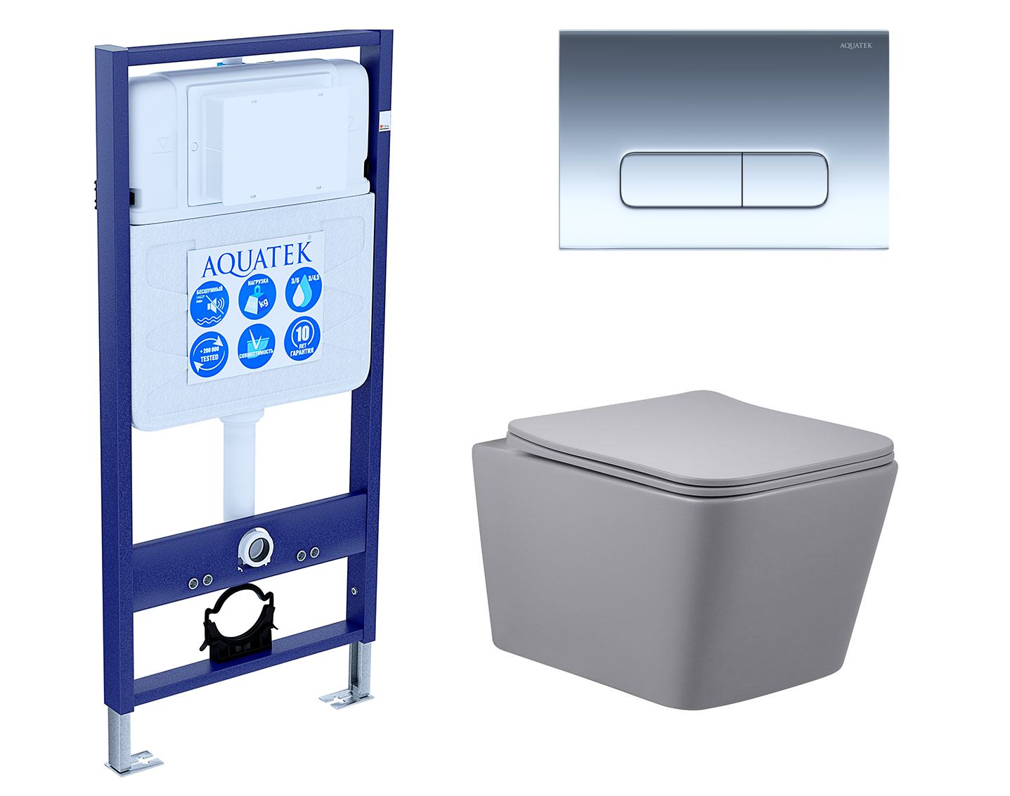 Комплект 3 в 1 инсталляция Акватек Standart 50 + Унитаз подвесной Vincea Q-Line VT1-12MG серый с кнопкой хром INS-0000012 + VT1-12MG + KDI-0000016