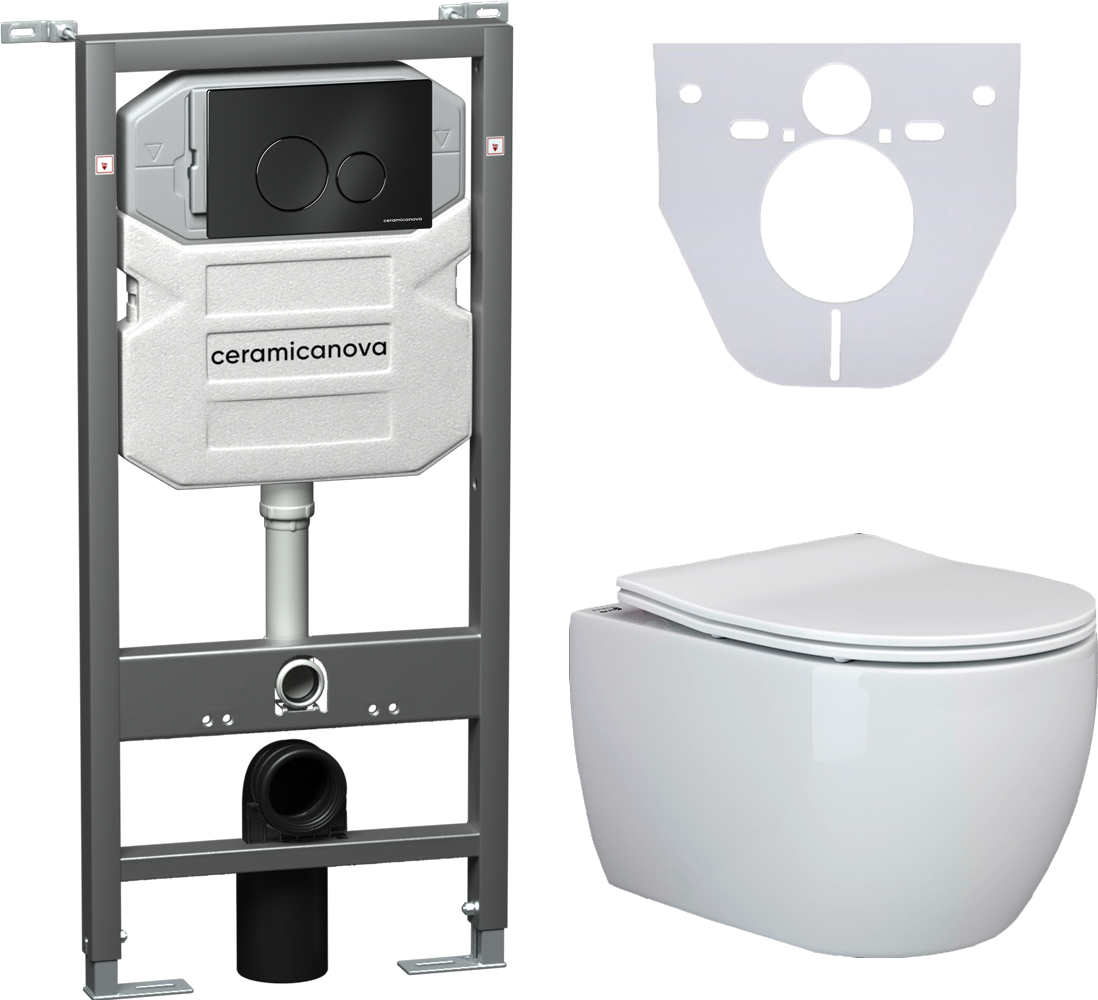 Комплект Унитаз подвесной Ceramica Nova Play CN3001 безободковый, с микролифтом + Система инсталляции для унитазов Envision CN1001B с кнопкой смыва и шумоизоляционной панелью CN3001_1001B_1000