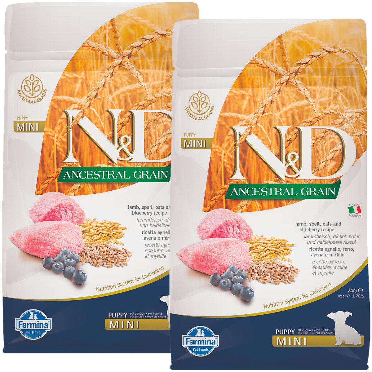 FARMINA DOG N&D ANCESTRAL GRAIN PUPPY MINI LAMB & BLUEBERRY низкозерновой для щенков маленьких пород с ягненком и черникой (0,8 + 0,8 кг)