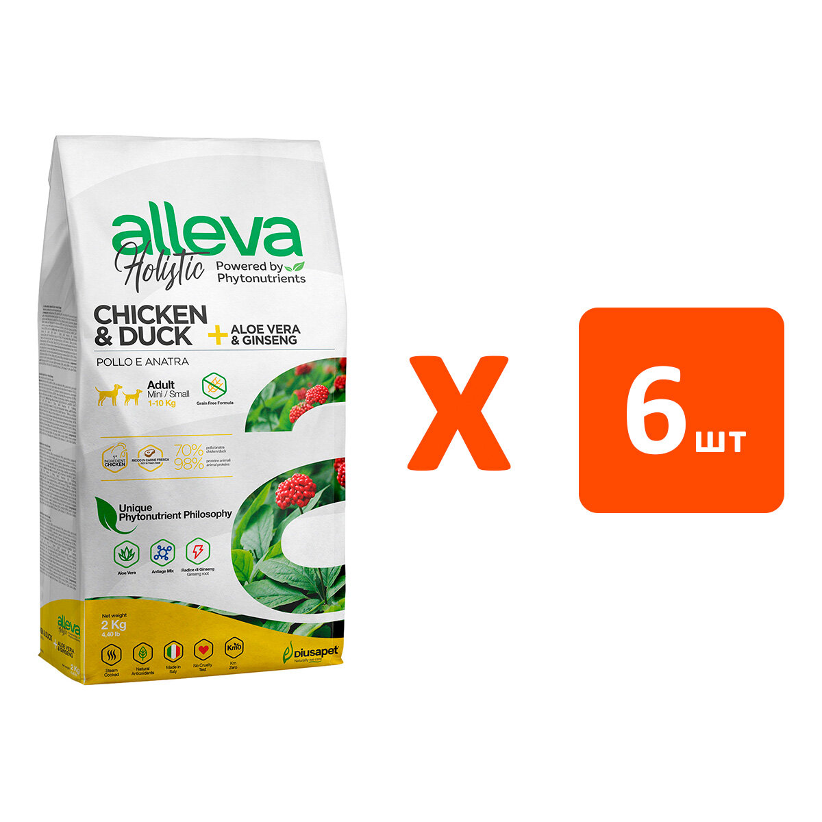 ALLEVA HOLISTIC ADULT DOG MINI CHICKEN & DUCK беззерновой для взрослых собак маленьких пород с курицей, уткой, алоэ вера и женьшенем (2 кг х 6 шт)