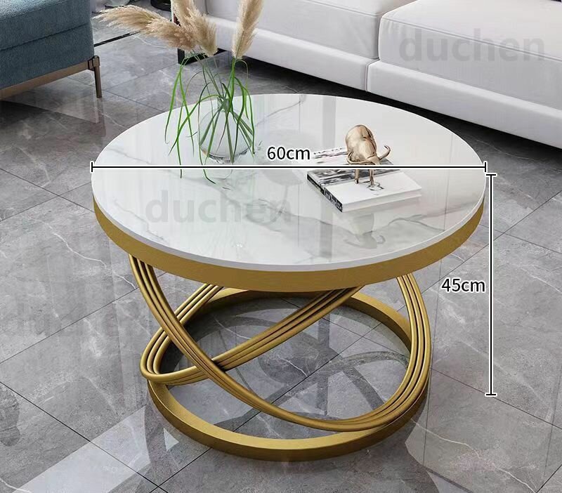 Журнальный столик из итальянской каменной плиты, круглый журнальный столик в современной гостиной небольшой квартиры