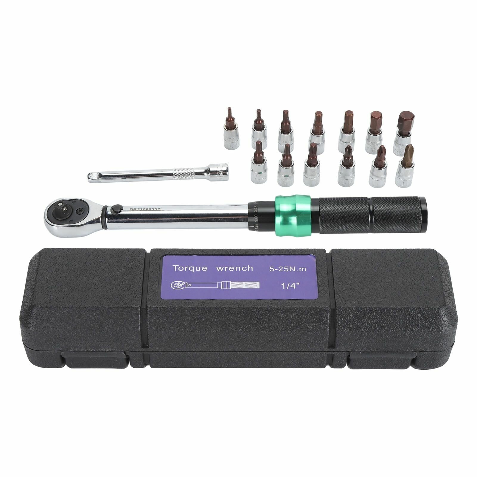 Набор торсионных ключей 15 шт, привод 1/4", диапазон 5-25 Нм, нержавеющая сталь, черный цвет