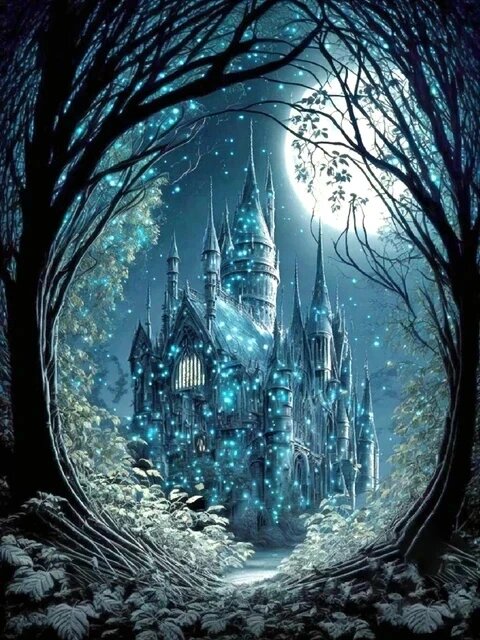 Алмазная мозаика на подрамнике "Замок Луны" круглые бриллианты 40х50см