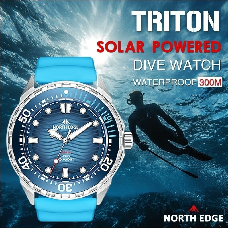 Мужские часы для дайвинга NORTH EDGE TRITON на солнечной энергии