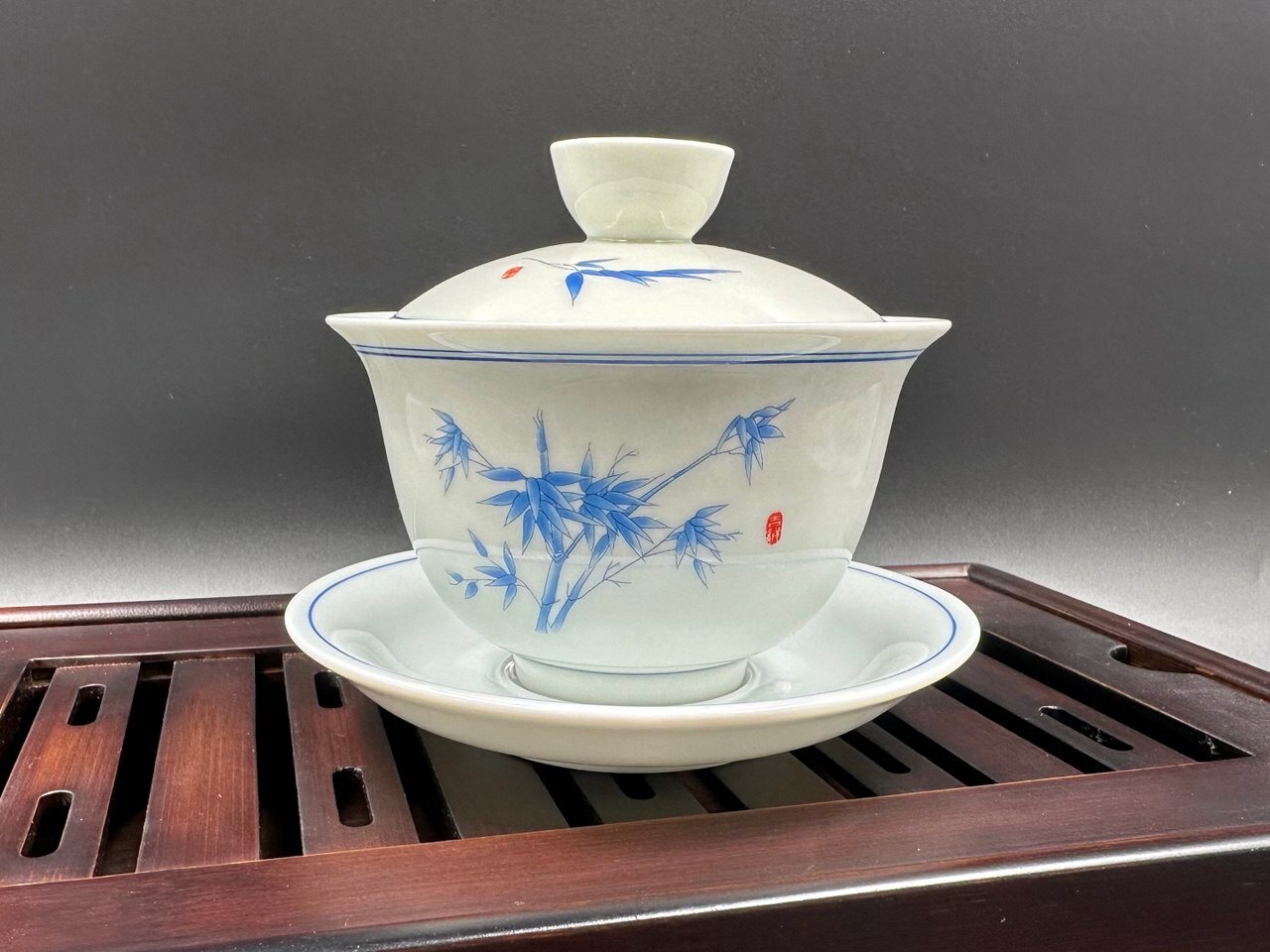 Гайвань большая с толстыми стенками "Бамбук", 220 мл. В винтажном серо-голубом исполнении.