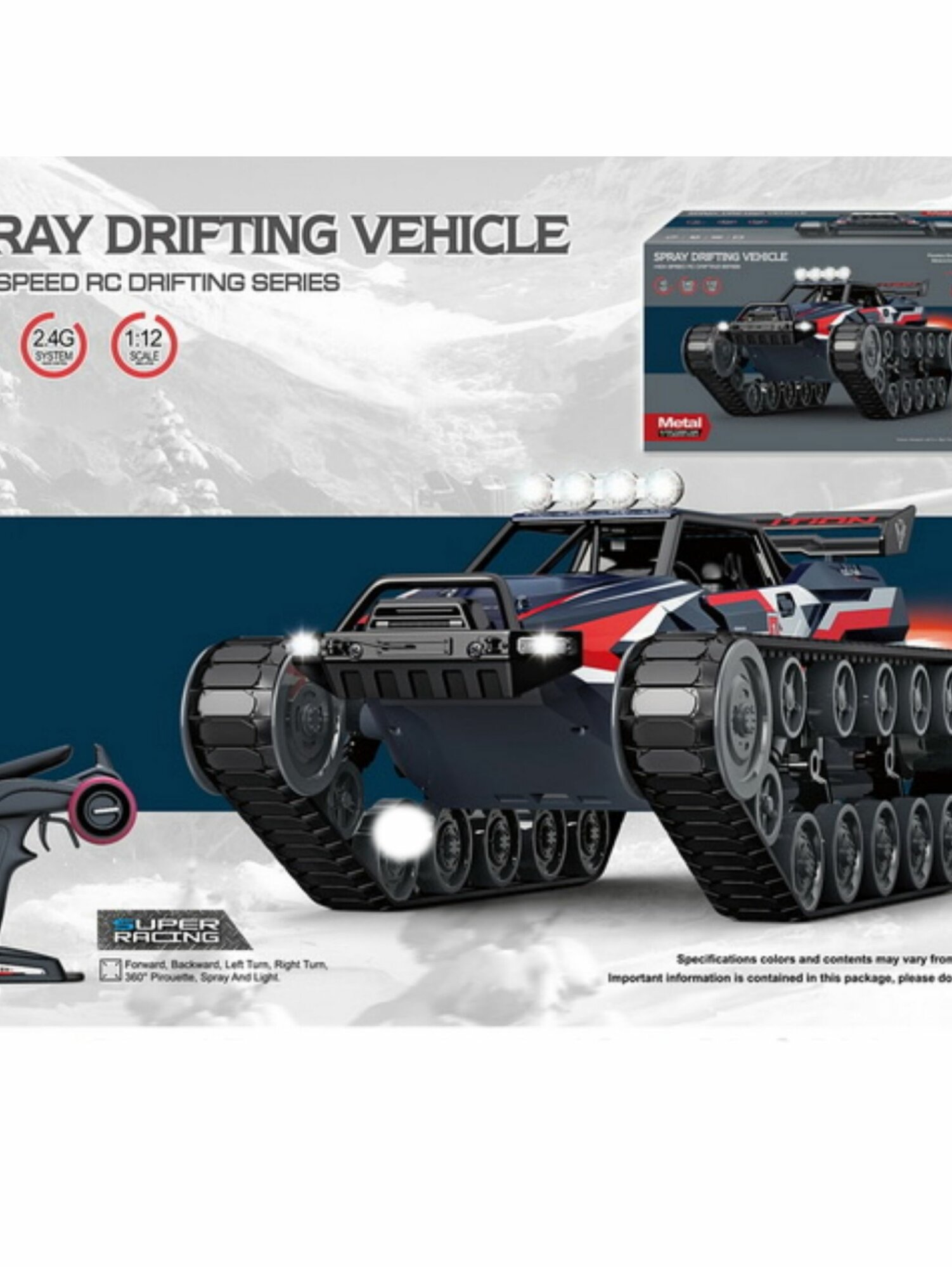 Вездеход радиоуправляемый на гусеницах металлический со светом, паром