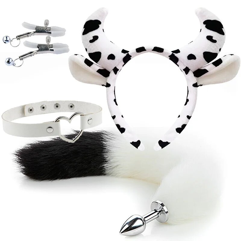 Симпатичная лиса корова хвост Анальная пробка Женская кольцо с зажимом шейный воротник Black D