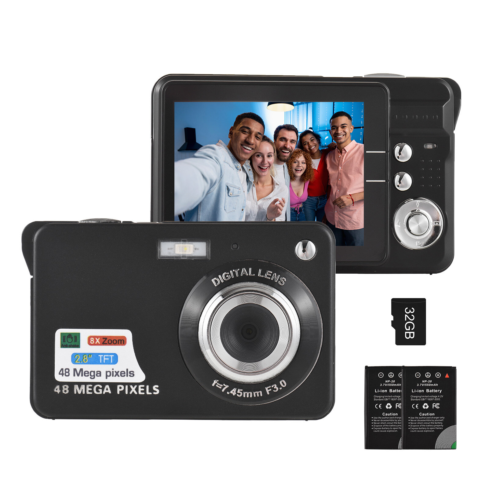 Камера цифровая 4K Видеокамера камкордер 48MP Экран TFT 2.8 дюйма Автофокус 16X цифровой зум Антидрожжка Распознавание лиц Захват улыбки Встроенный флэш с 2 батарейками Карта TF 32GB Черный Серебристый Красный