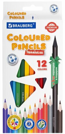Карандаши цветные пластиковые, BRAUBERG PREMIUM 12 цветов + 1 чернографитный карандаш, трехгранный корпус, грифель 3 мм, 181936