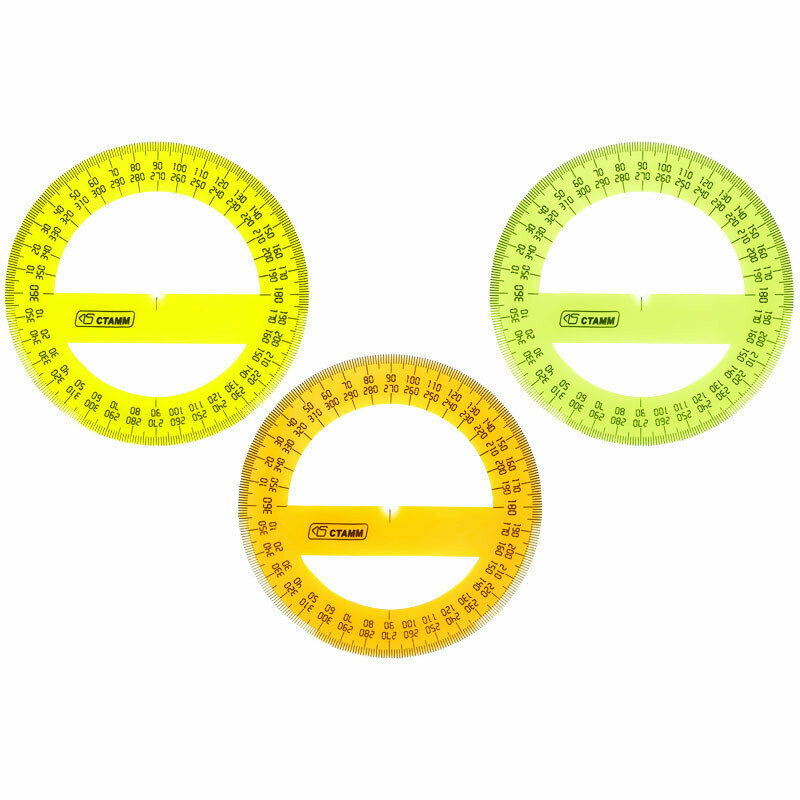 Транспортир 10см, 360° СТАММ, пластиковый, прозрачный, неоновые цвета, ассорти, 20 штук, 004141