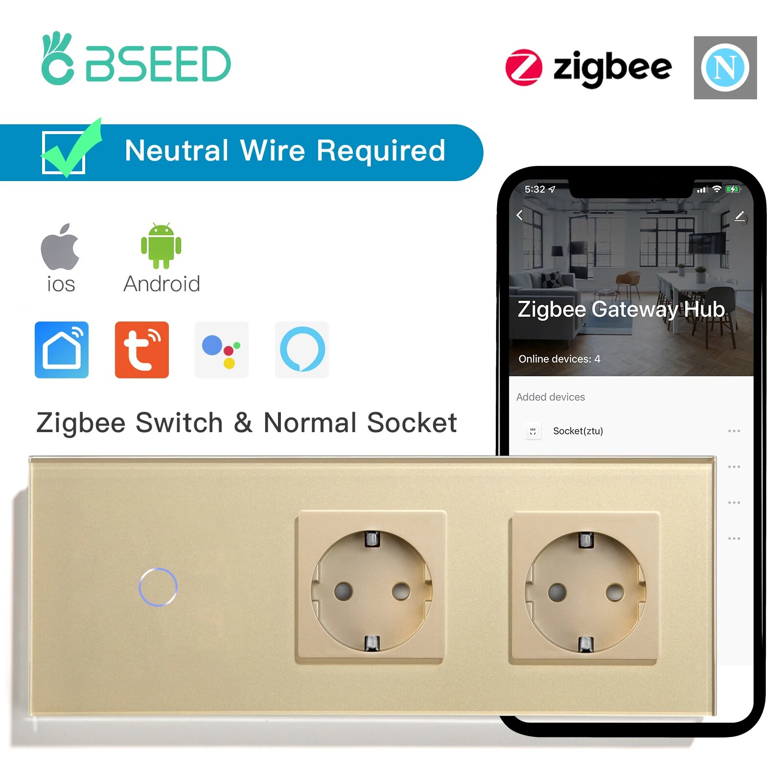 Умные выключатели BSEED Zigbee 1/2/3 клавиши 1Gang Gold
