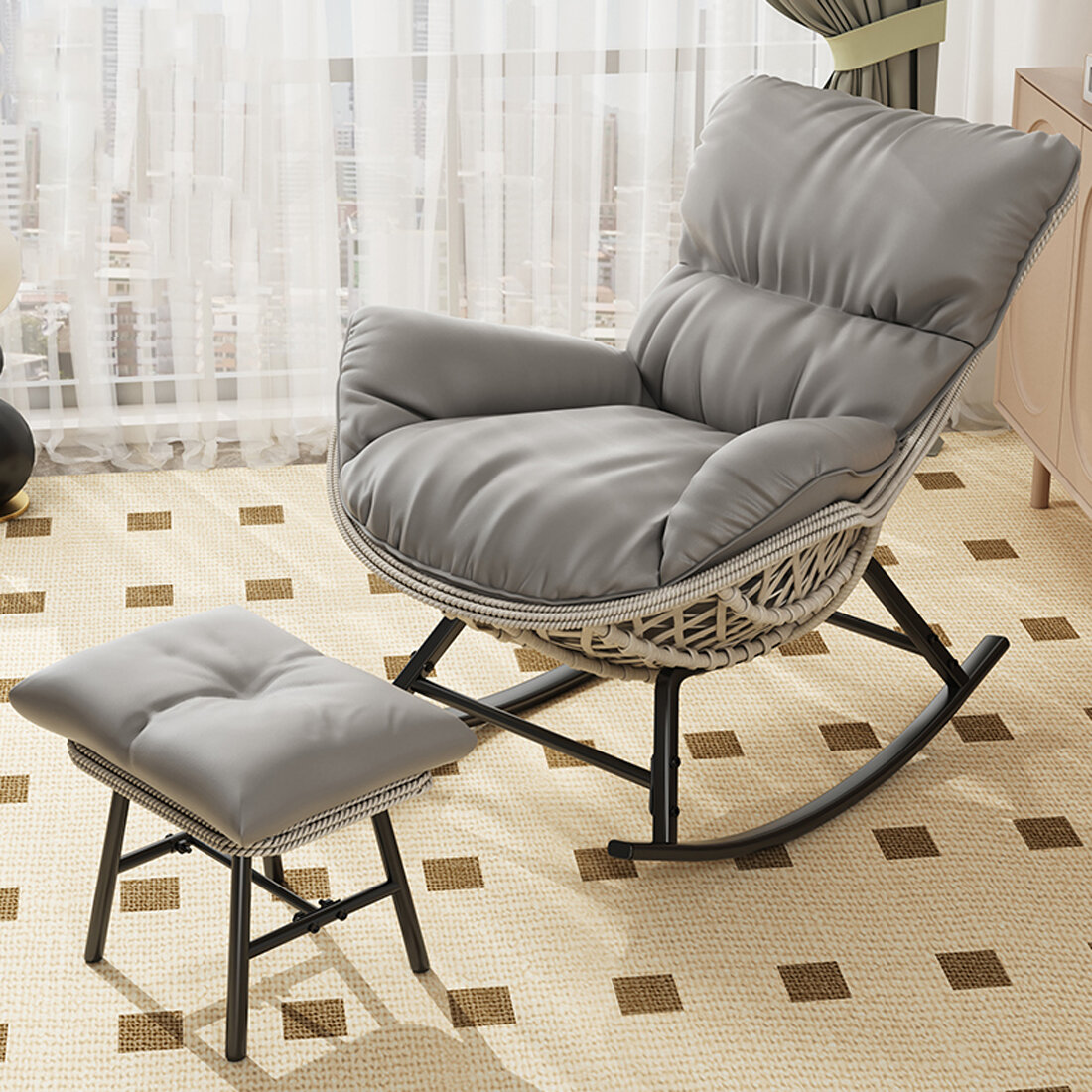 Плетеное кресло-качалка Radius, светлое (серая подушка, подставка для ног)