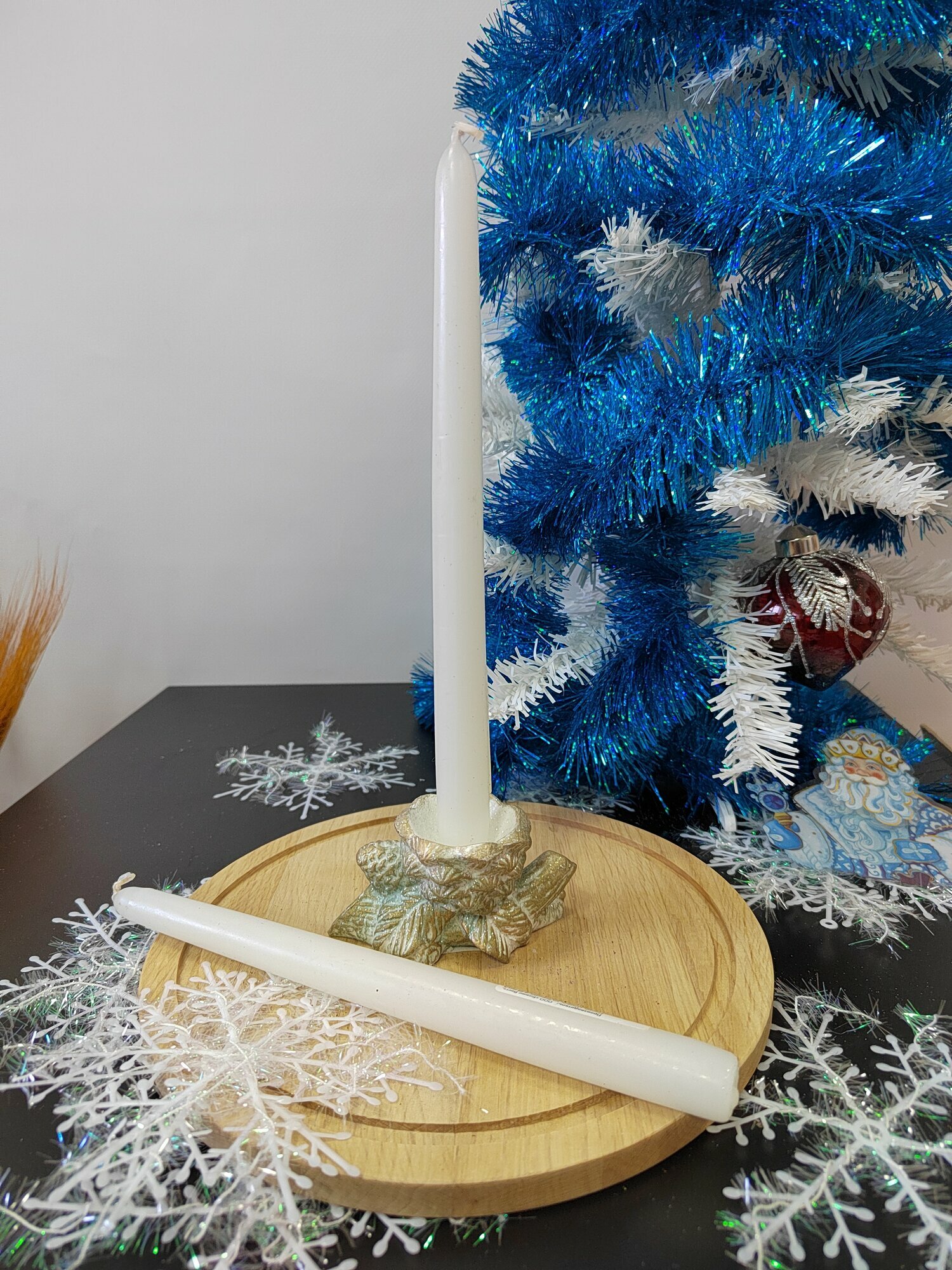 Набор подсвечник "Ветка с шишками" бирюза с золотом и 2 свечи цвет белый новый ГОД!