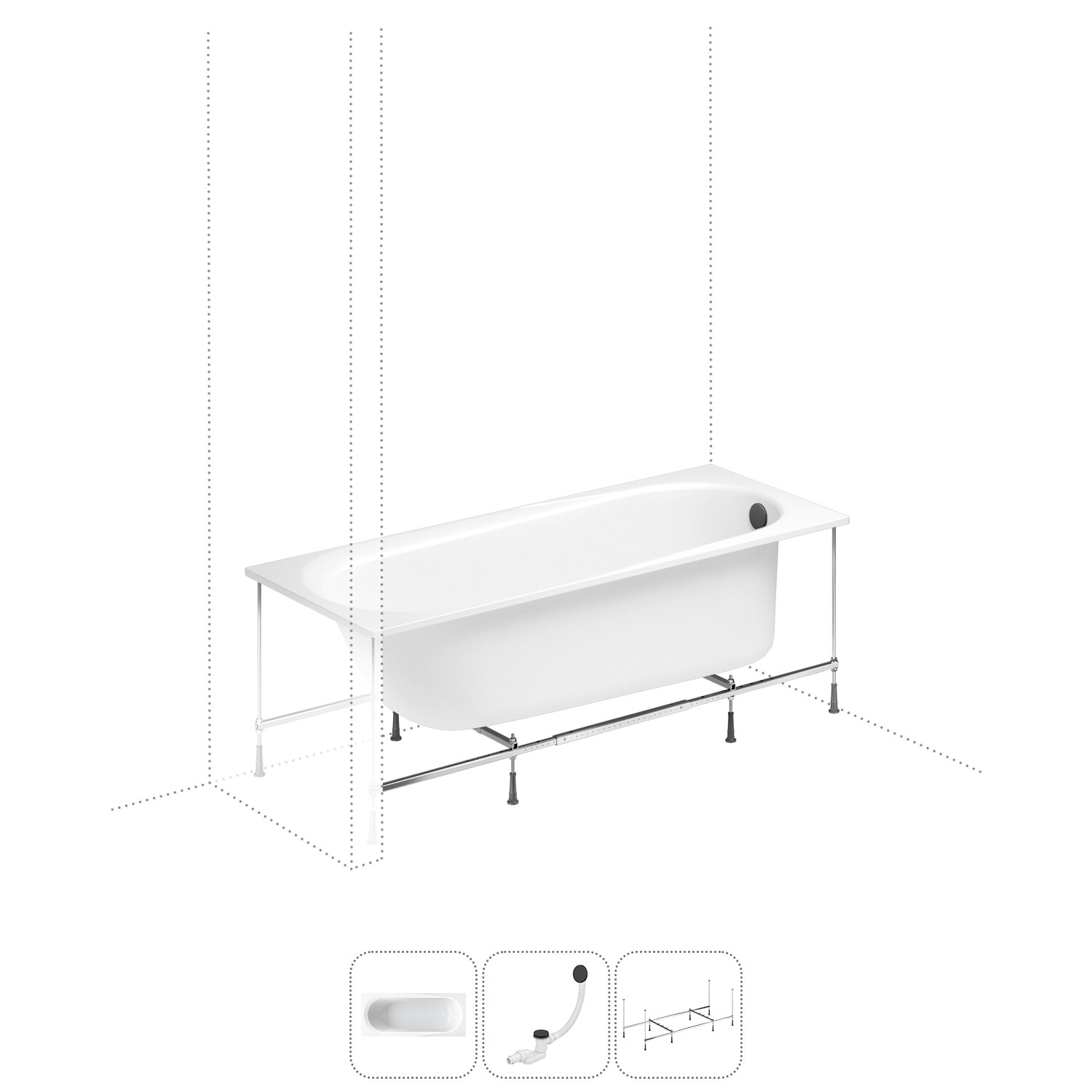 Акриловая ванна 150x70 с каркасом Lavinia Boho Biore 202011002 в наборе 3 в 1: прямоугольная ванна 150 x 70 см, слив-перелив, каркас